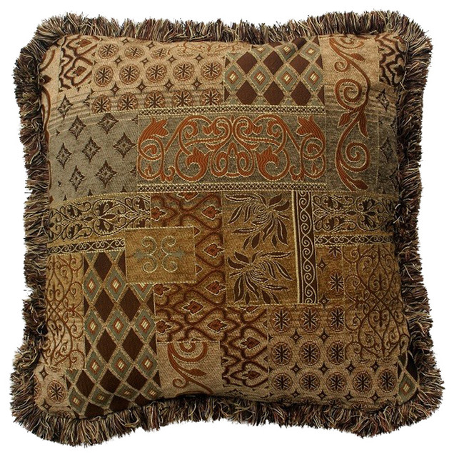 Gold And Brown Transitional Throw Pillow With Fringe - Mediterranean ...