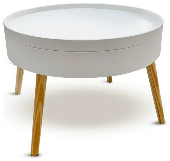 Mid-Century White Round Coffee Table with Storage and Splayed Legs ...
