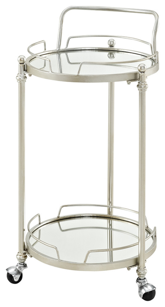 Benzara 2 Tier Round Metal Bar Cart with Mirrored Shelves, Silver and ...