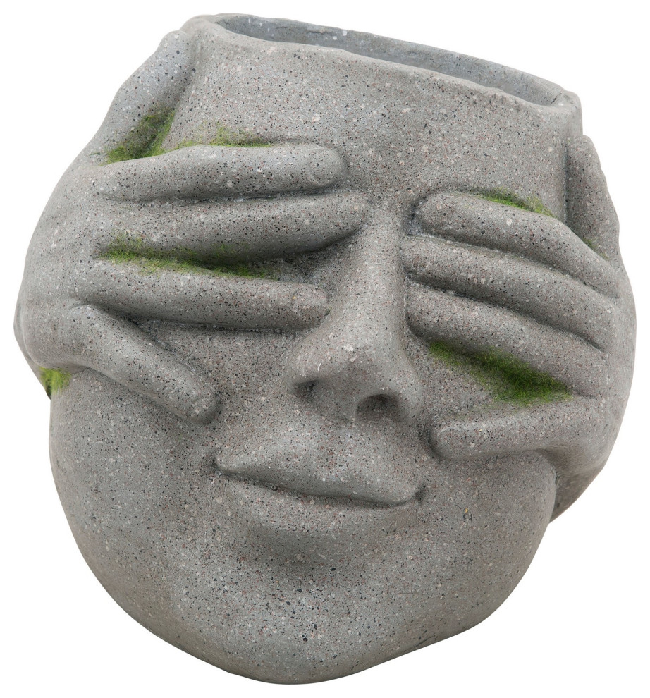 Resin Human Head Planter With Hands On Eyes, Gray - Contemporary ...