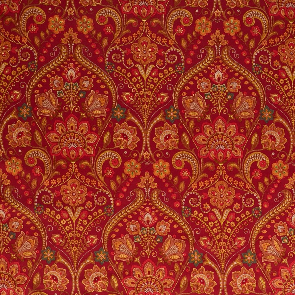 Cinnabar Red Floral Print Upholstery Fabric - Mediterranean ...