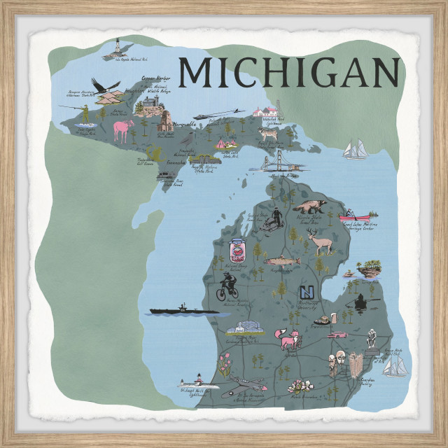 "Michigan Attractions Map" Framed Painting Print, 18x18 - Contemporary ...