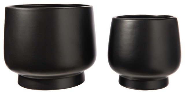Round Ceramic Pot with Base Matte Black Finish, Set of 2 - Transitional ...