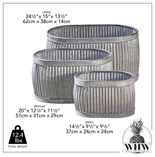 Oval Planters, Set of 3, Galvanized Metal, 24 1/2, 20 and 14 1/2 ...
