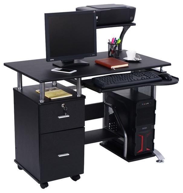 Modern Black Computer Desk with Printer Shelf - Transitional - Desks ...