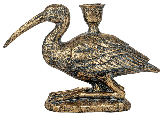 Decorartive Resin Bird Taper Holder, Distressed Gold - Beach Style ...