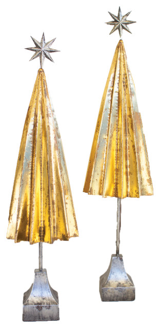 Set of Two Folded Gold Metal Trees with Silver Star - Farmhouse ...