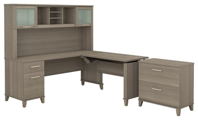 Bush Furniture Somerset Sit Stand L Desk with Hutch & Cabinet in Cherry ...