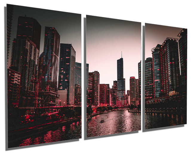 Chicago Skyline, Cardinal, Vivid Red, 3-Panel Wall Art, 60"x30 ...