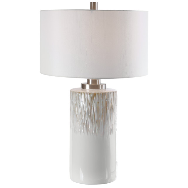 Modern Textured Ribbed White Cylinder Table Lamp, Beige Drip Elegant ...