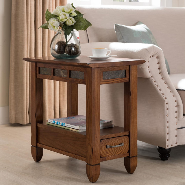 Traditional End Table, Hardwood Legs With Lower Storage Drawer, Rustic ...