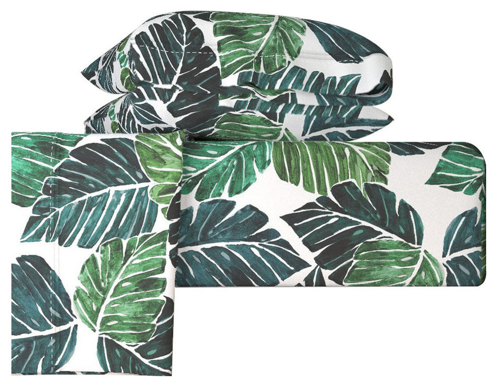 Monstera Leaves Green Tropical 4pc Cotton Sheet Set, Queen - Tropical ...