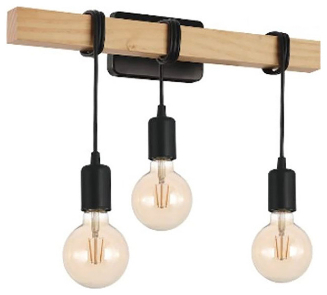 Kingswood 3-Light Open Bulb Wall Light, Natural Wood, Black Finish ...