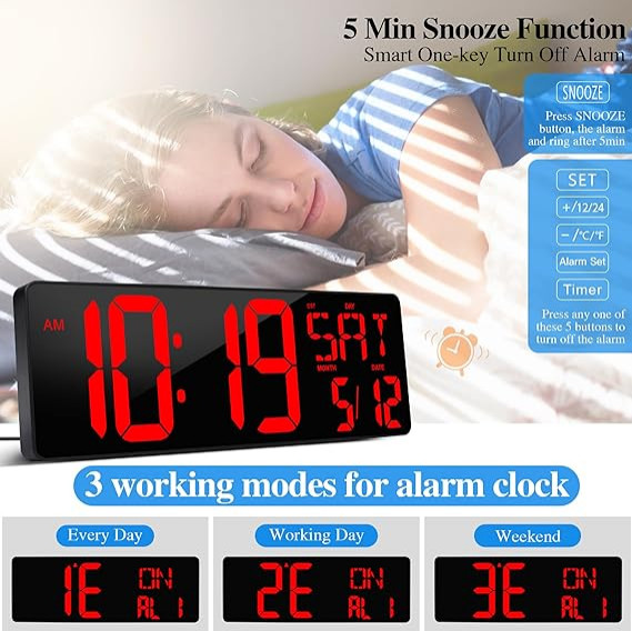 Large Digital Wall Clock with Remote Control 17.2" LED Large Display ...
