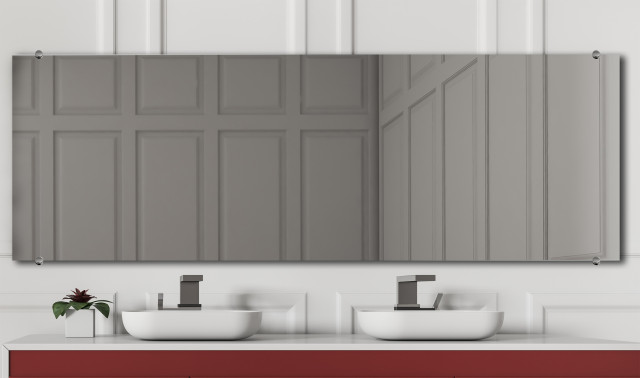 Modern Rustic Frameless Rectangular Wall Mirror, Chrome Round Clips ...