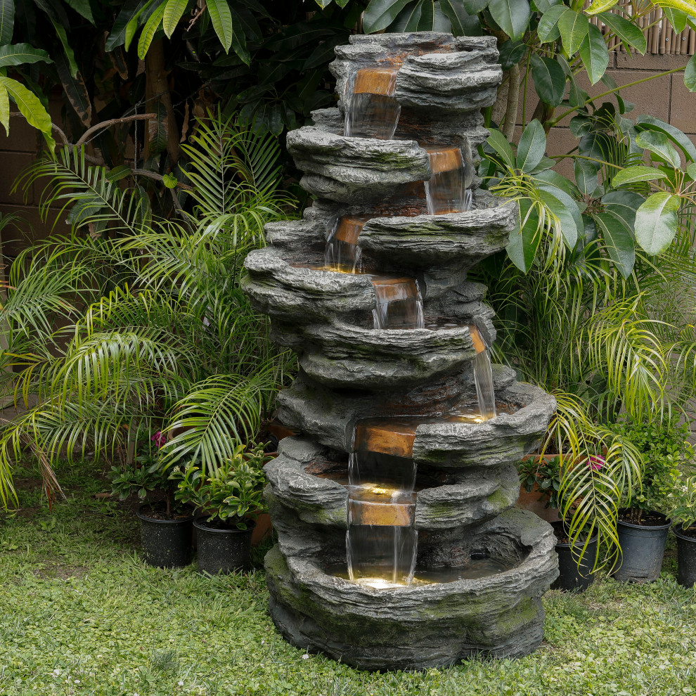 58" Tall Outdoor 8-Tier Rainforest Rock Water Fountain with LED Lights ...