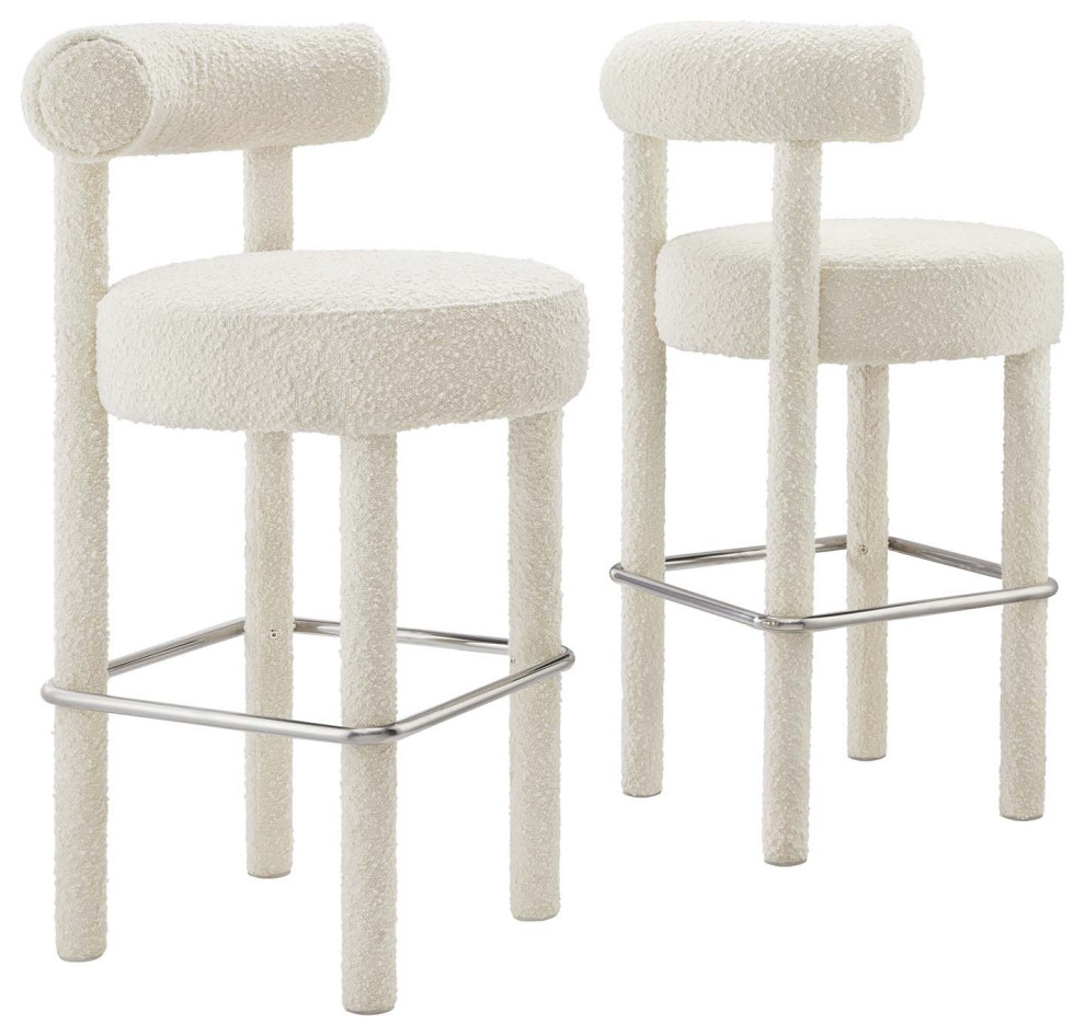 Toulouse Boucle Fabric Bar Stool - Set of 2 - Ivory Silver ...