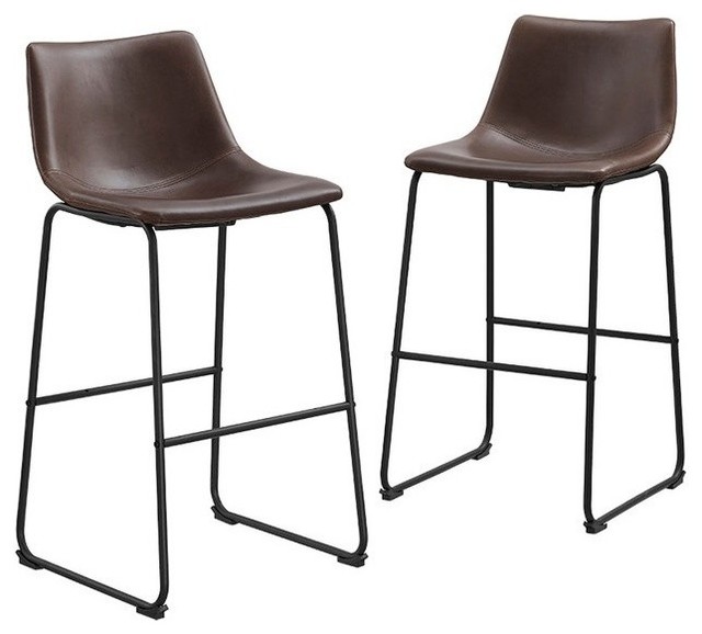 Two-Tone Brown Industrial Bar Stools Chairs With Metal Base, Set of 2 ...