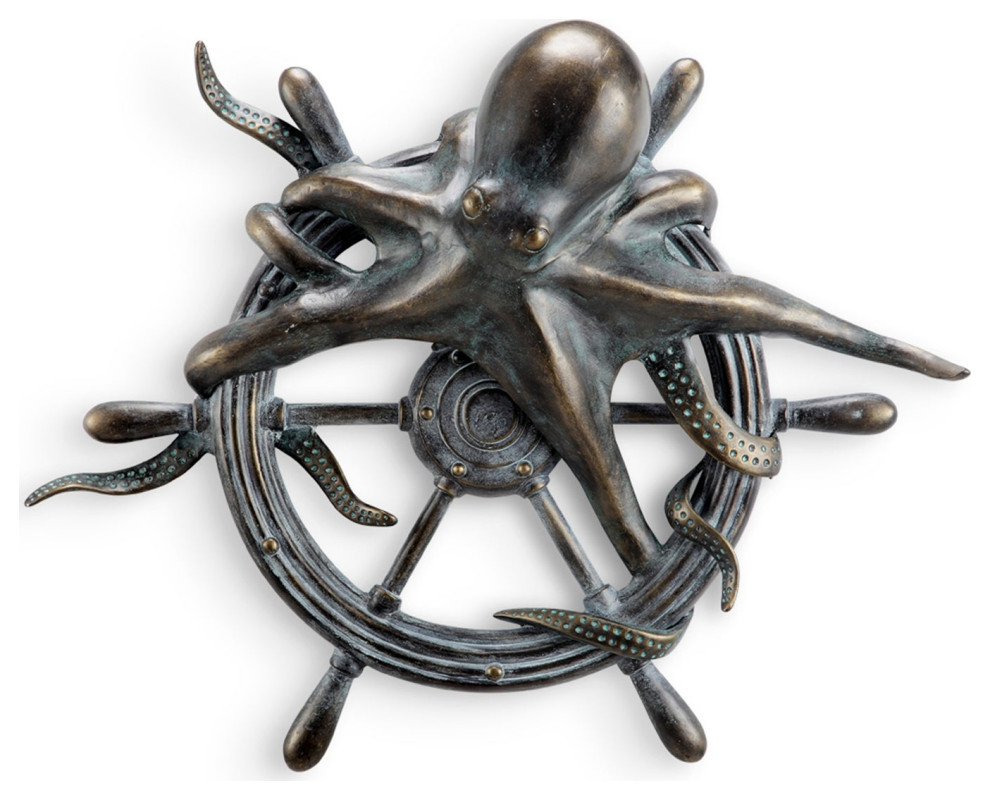Octopus And Ships Wheel Wall Plaque - Beach Style - Metal Wall Art - by ...