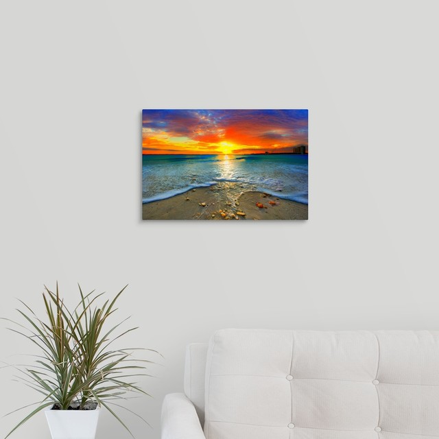 Amazing Red Sunset Over Blue Ocean Wrapped Canvas Art Print, 18"x12 ...