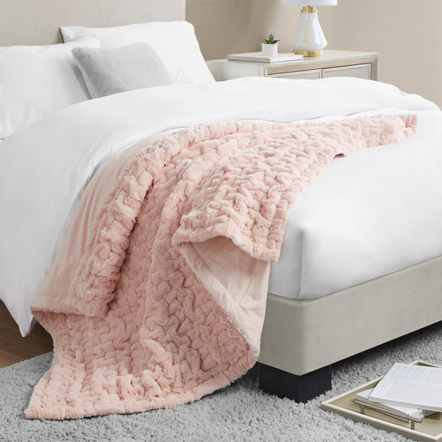 Madison Park Ruched Fur Throw, Blush - Contemporary - Throws - by ...