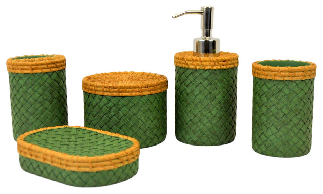 Bathroom Accessory Set Brown And Green Weave Design Tropical