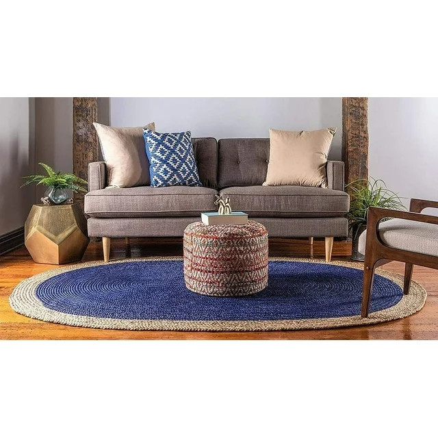 Handwoven Oval Jute Area Rug, Navy Center and Natural Border, Farmhouse ...