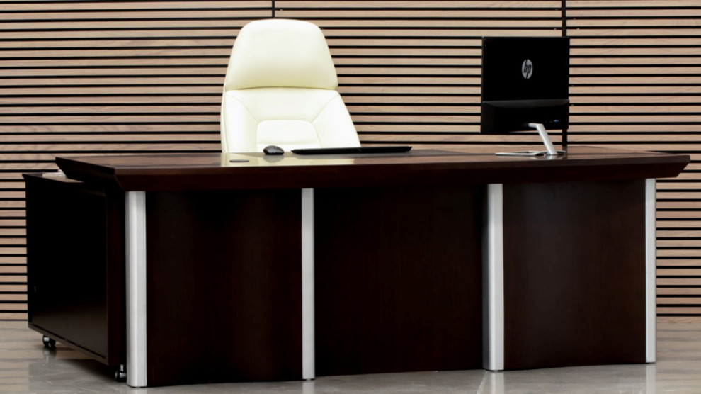 83" Modern Wilson Dark Walnut Wood Desk with Rolling Return ...