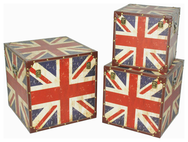 Union Jack Print Canvas Upholstered Storage Trunk, Multicolor, Set of 3 ...
