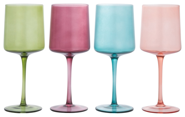 Hand Blown Stemmed Wine Glasses, 14 Ounces, 4 Assorted Colors ...