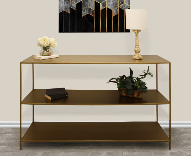 Orlando Maggie 60" 3-Tier Modern Metal Console Table in Antique Brass ...