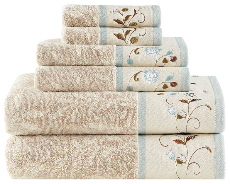 Madison Park Serene Embroidered Cotton Jacquard 6 Piece Towel Set, Blue ...