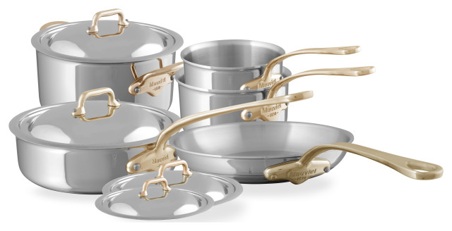 Mauviel M'Cook B Stainless Steel 9-Piece Cookware Set With Brass ...
