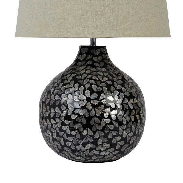 Capiz Sphere Table Lamp With Floral Design and Linen Shade, Multicolor ...