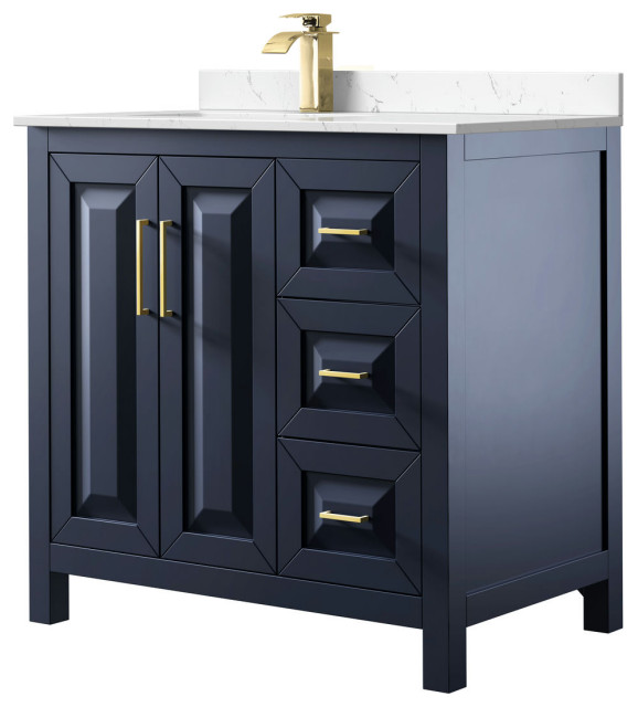 Daria 36" Single Vanity, Dark Blue, Carrara Cultured Marble Top, Gold ...