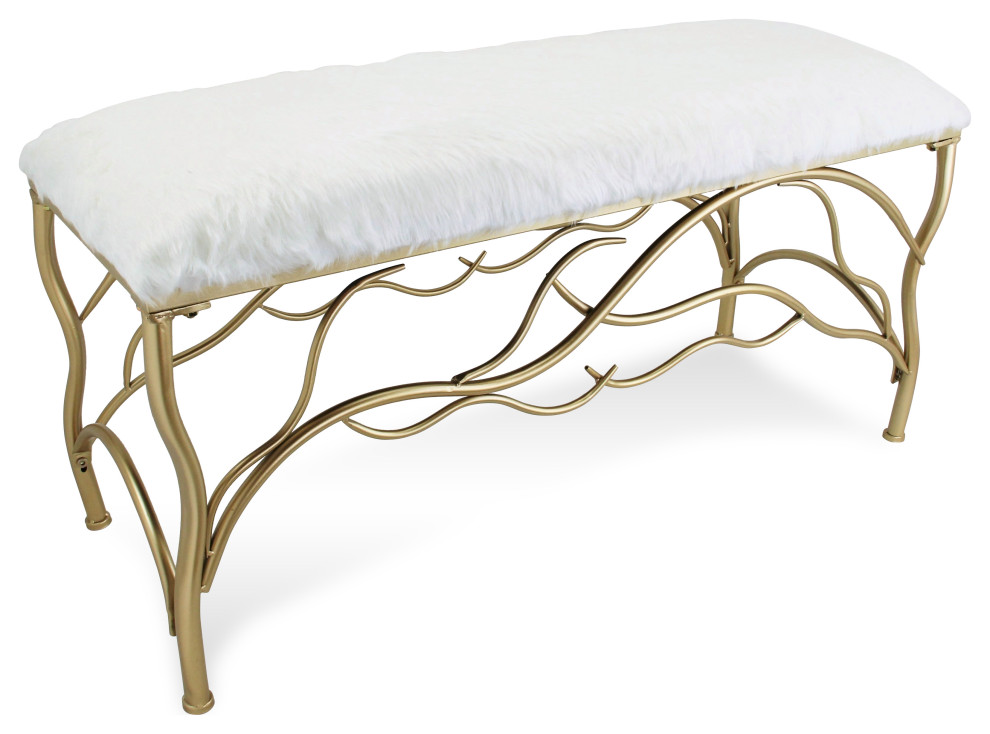 Verdant Glam Styled Faux Fur Golden Bench - Contemporary - Upholstered ...
