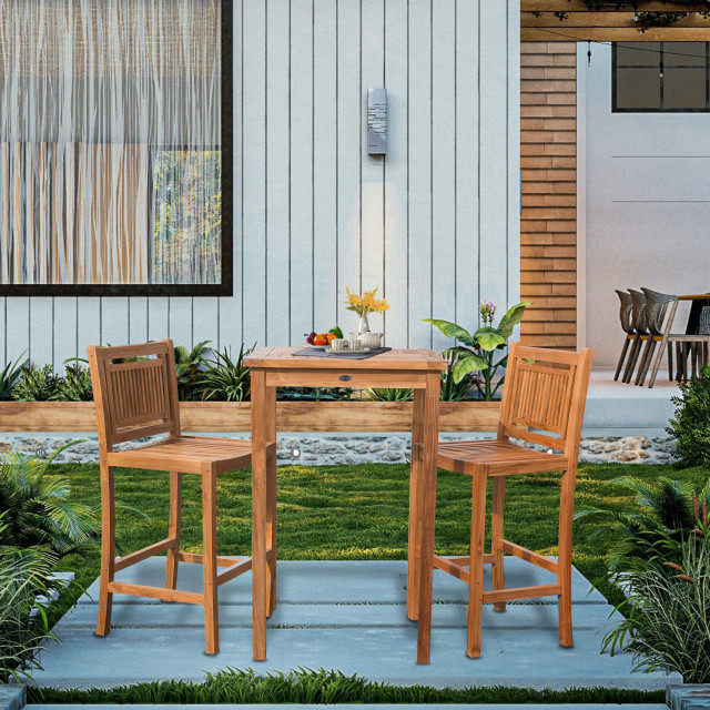 3-Piece Teak Wood Maldives Small Patio Bistro Bar Set With 27" Square ...