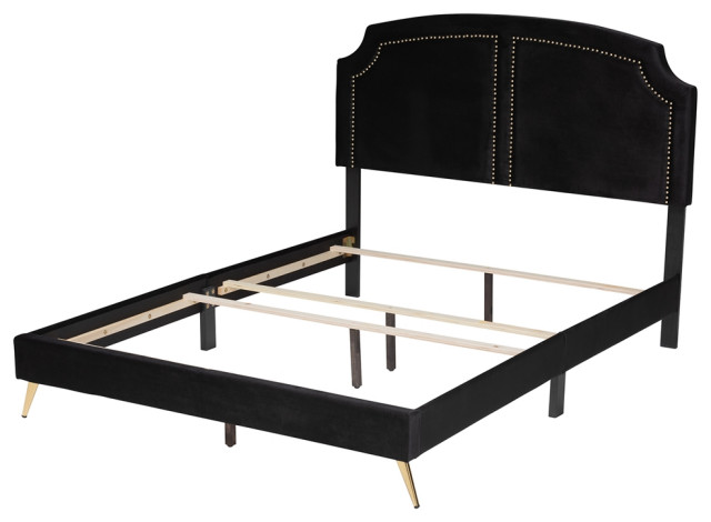 Traditional Glam and Luxe Black Velvet and Gold Metal Queen Size Panel ...