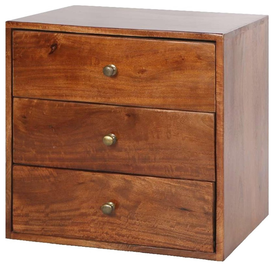 20 Inch Mango Wood Storage Chest 3 Drawers Grain Details Cherry Brown ...