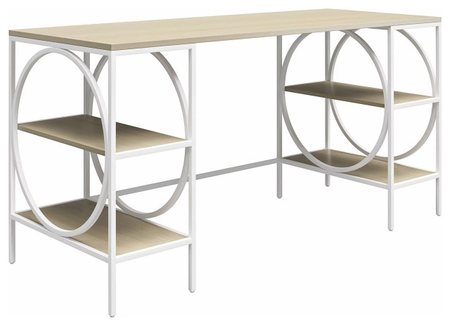 Contemporary Desk, Large Top & Open Shelves With Circular Accents, Pale ...