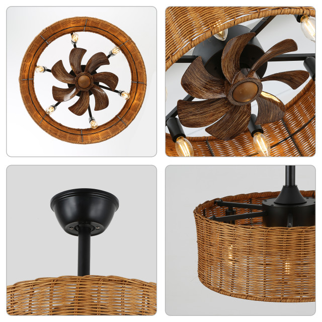 18In Rattan Weaving Ceiling Fan 6-Light 3-Speed with Remote and Light ...