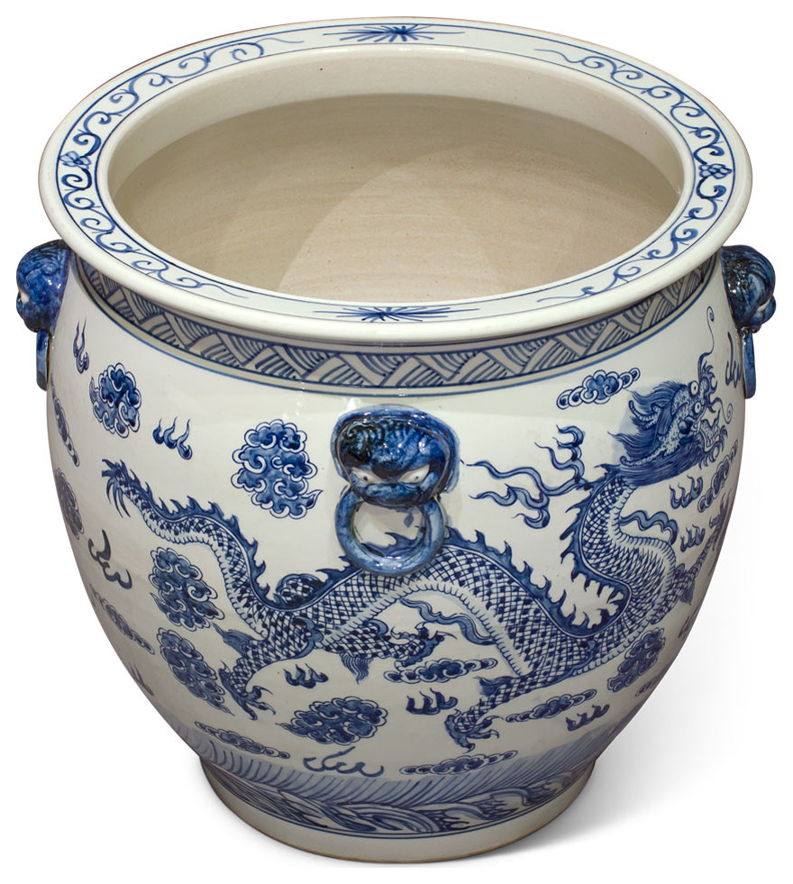 16" Blue and White Porcelain Imperial Dragon Chinese Fishbowl Planter ...