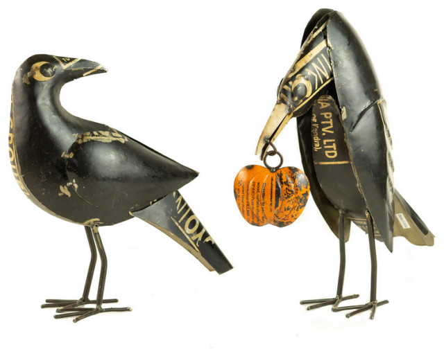 Set of Two Recycled Iron Crows Holding a Pumpkin - Modern - Holiday ...