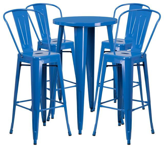 Flash Commercial Grade 24" Round Blue Metal Bar Table Set & 4 Cafe ...