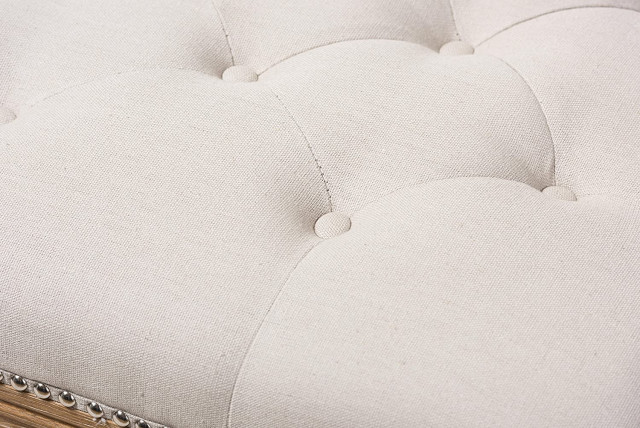 French Country Storage Bench, Carved Frame & Beige Linen Seat With ...