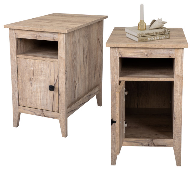 Wood Side Table Narrow End Table With Cabinet and Shelf Oak, Set of 2 ...