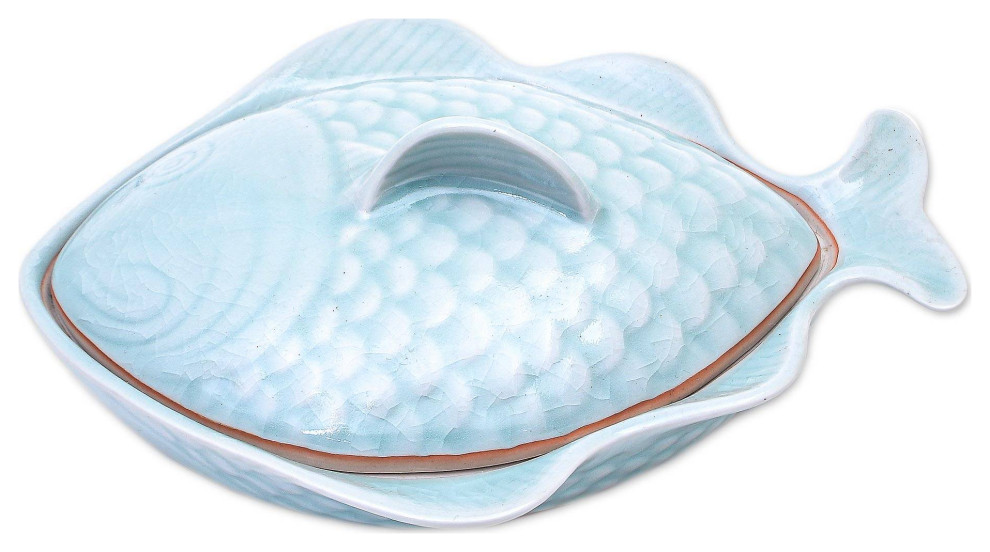 Novica Handmade Fish Dish In Aqua Celadon Ceramic Lidded Bowl - Beach ...