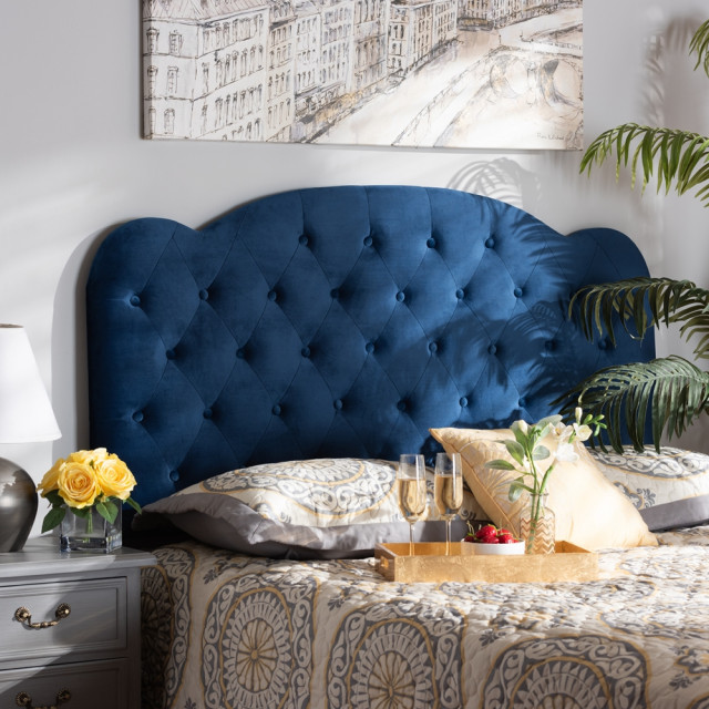 Navy Blue Velvet Fabric Upholestred Full Size Headboard - Transitional ...