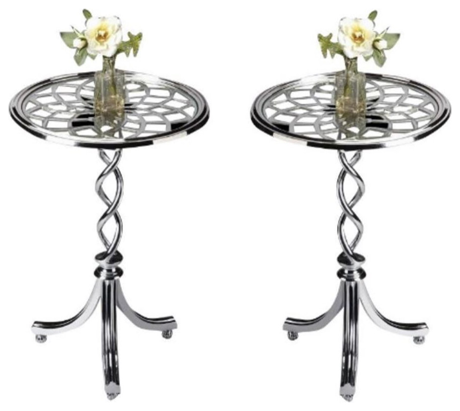 Home Square Modern Glass Top Accent Table in Silver - Set of 2 ...