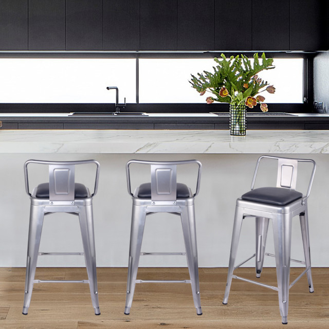 Lowback Silver Metal Bar Stools, Vegan Leather Seat, Set of 3 ...